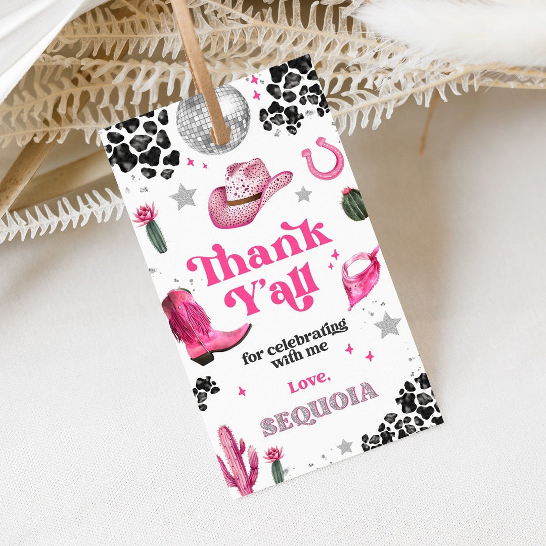 Editable Space Cowgirl Birthday Favor Tag Template Pink Disco Cowgirl ...