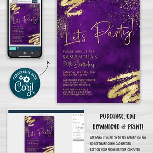 Luxury Purple and Gold Birthday Party Invitation Template Digital ...