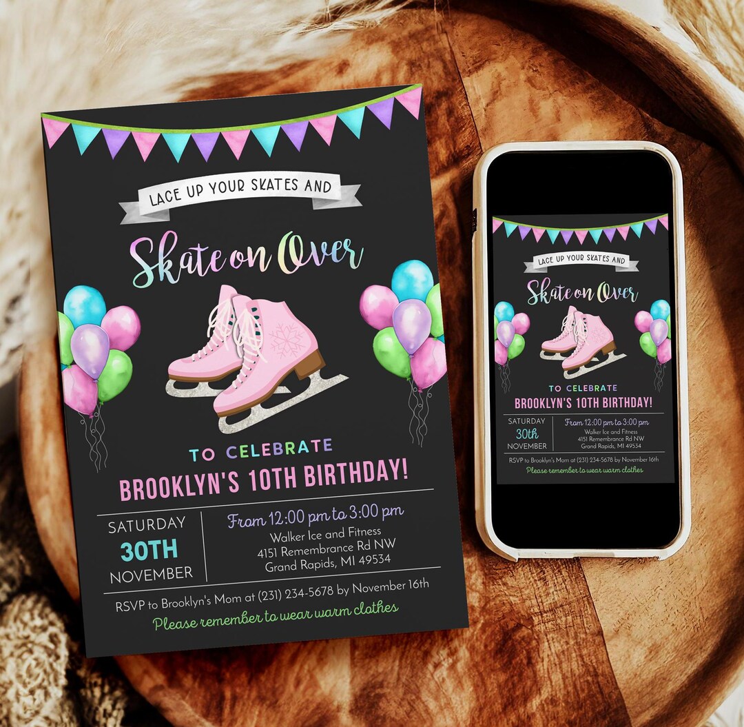 Pink Ice Skating Birthday Invitation - Pastel Neon Girl Ice Skating ...