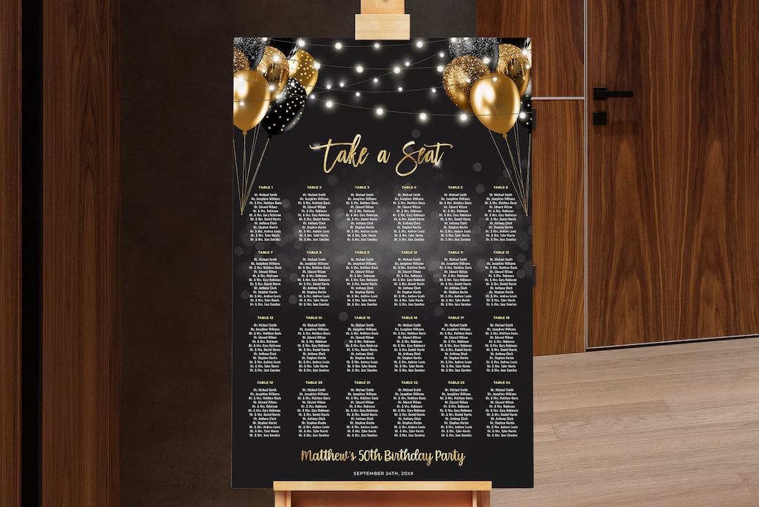Party Seating Chart Black Gold Glitter Lights Party Seating Chart ...