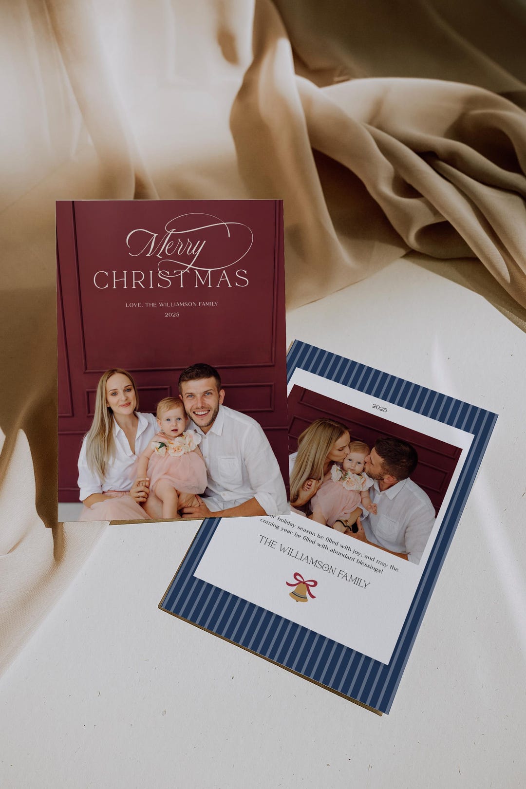 Elegant Christmas Photo Card Template - Stripe + Bow With Jingle Bell ...