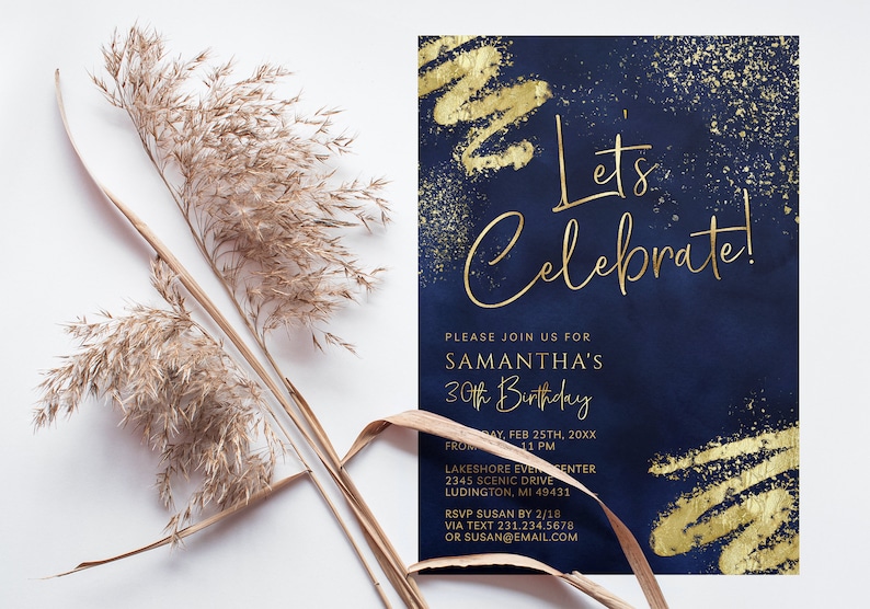 Navy Blue and Gold Birthday Party Invitation Template Digital - Etsy