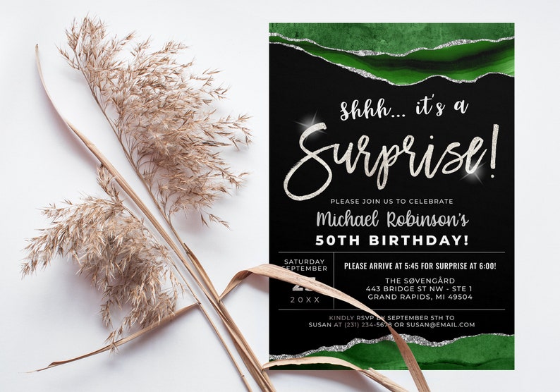 Emerald Green and Silver Surprise Birthday Invitation Template - Etsy