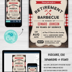 Retirement BBQ Invitation Party Invite Retire Rustic Barbecue Digital ...