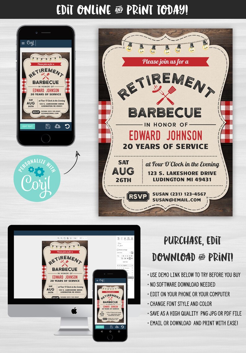 Retirement BBQ Invitation Party Invite Retire Rustic Barbecue Digital ...