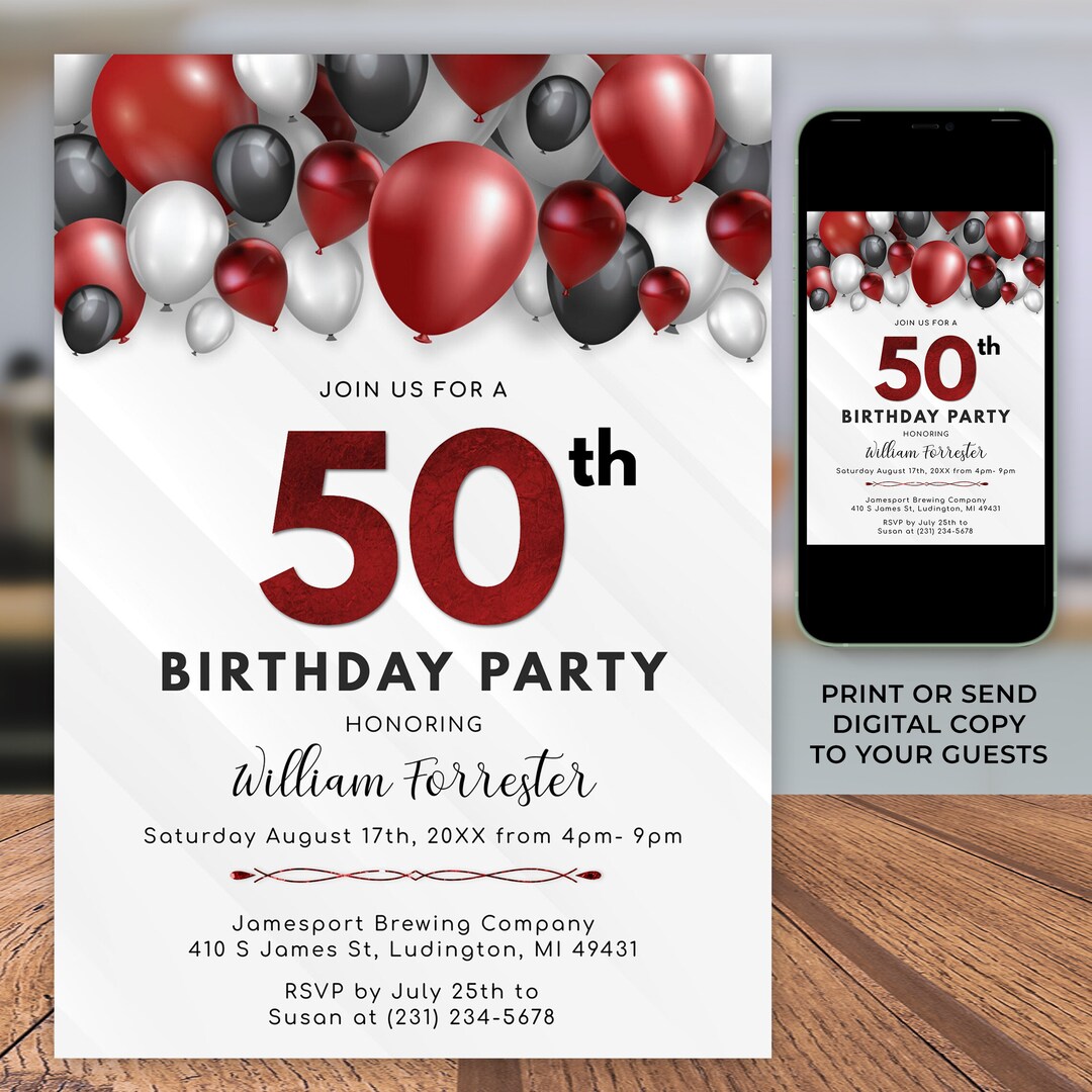 Balloons 50th Birthday Invitation - Adult FIFTY Birthday Invite - Red ...