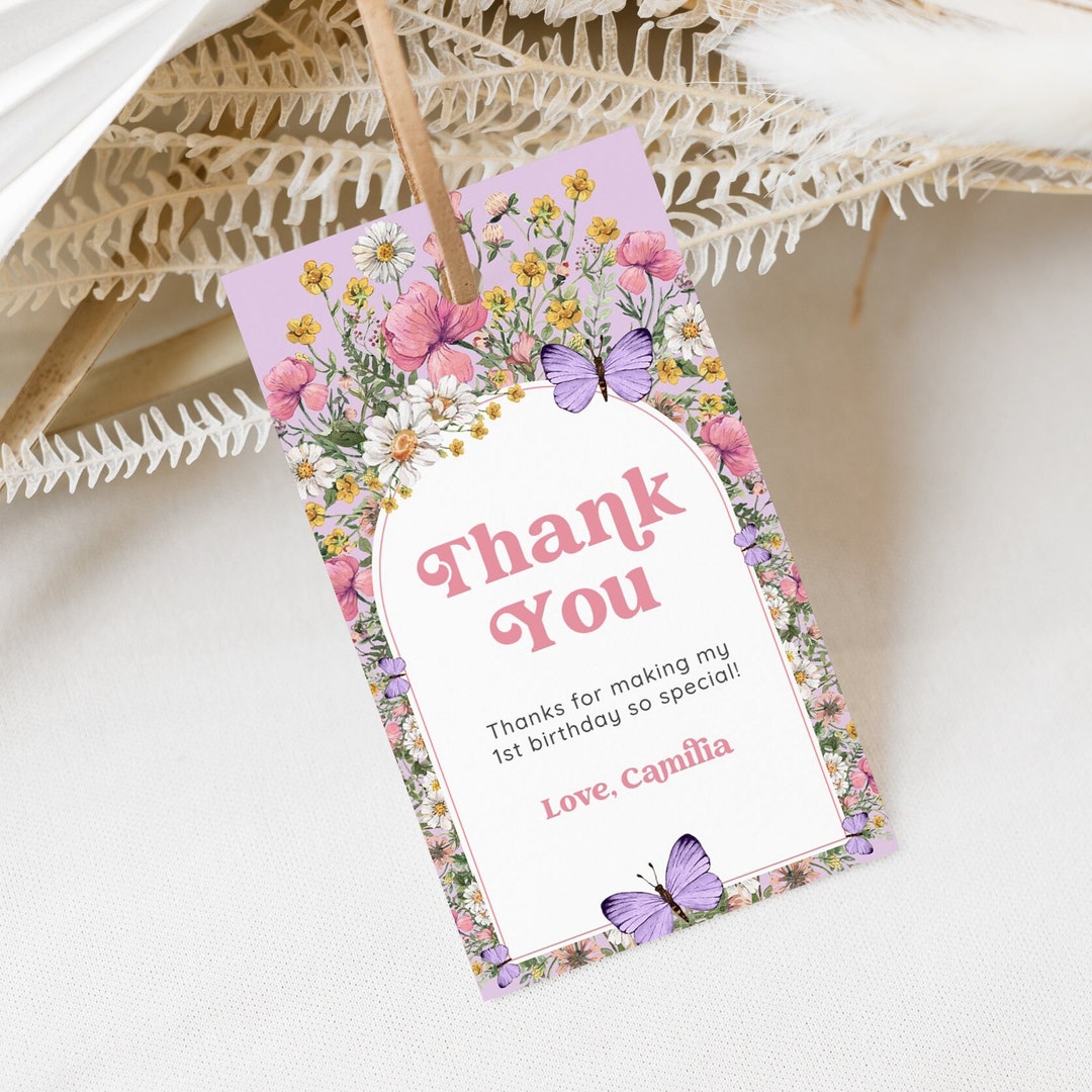 Wildflower Birthday Favor Tag Template Rectangle Pink Purple Wildflower ...