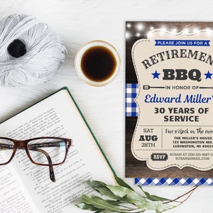Retirement BBQ Invitation Party Invite Retire Rustic Blue Tablecloth ...