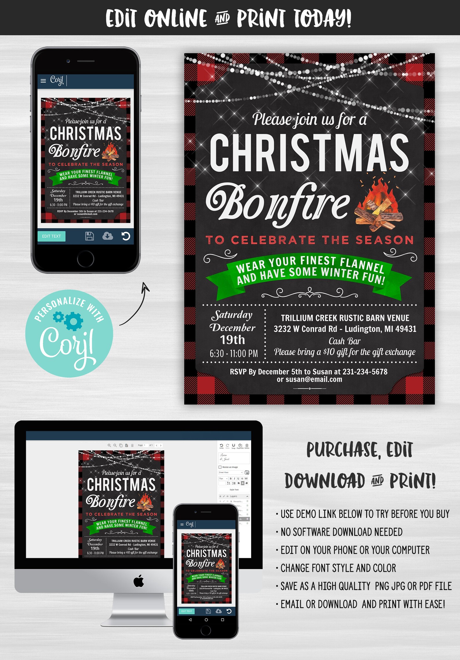 Christmas Bonfire Invitation, Flannel Christmas Party Invite, Holiday ...