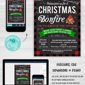 Christmas Bonfire Invitation, Flannel Christmas Party Invite, Holiday ...
