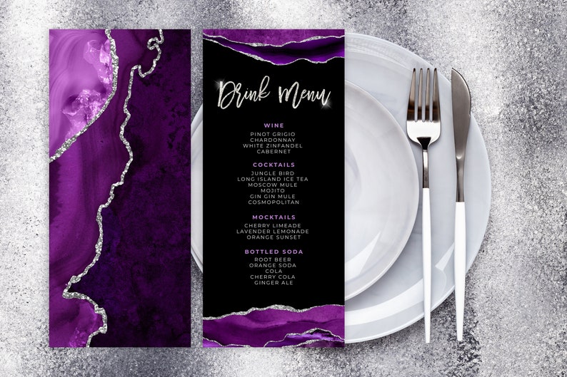 Purple and Silver Menu Card Menu Template and Drink Menu | Etsy