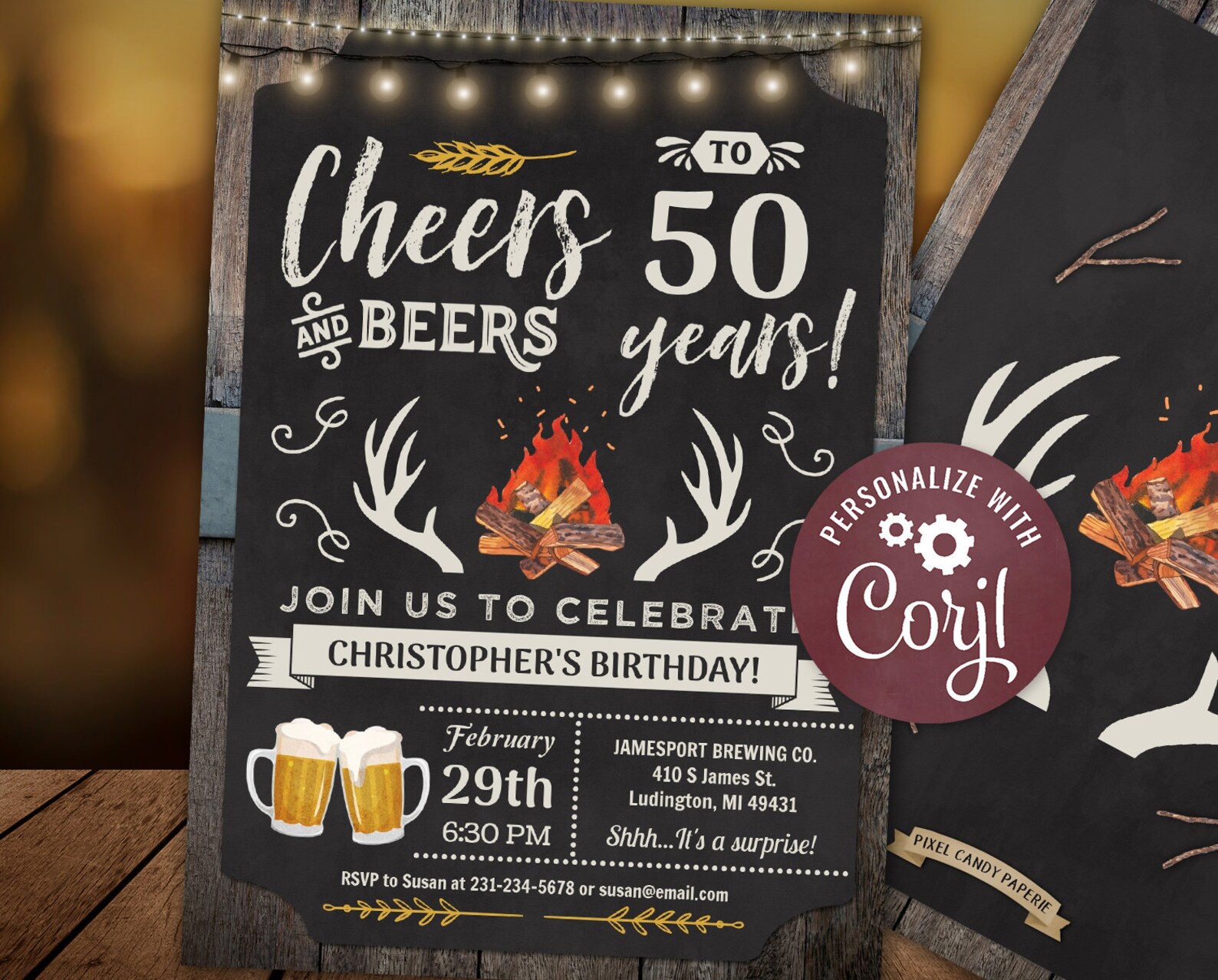 Cheers and Beers Birthday Bonfire Party Invitation Chalkboard & Wood ...