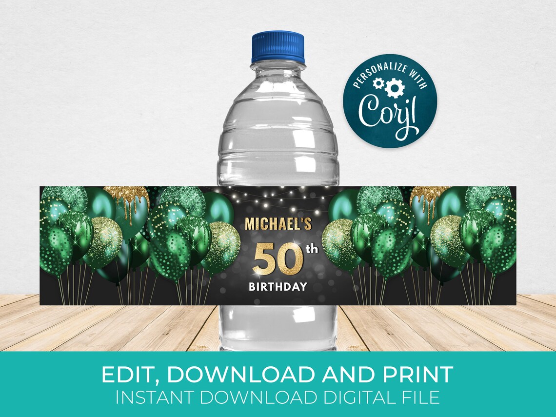 Green & Gold Water Bottle Label Template Water Wrappers - Etsy