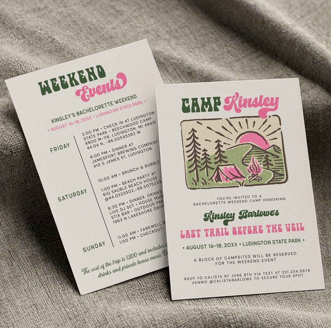 Camp Bachelorette Party Invitation - Weekend Camping Itinerary - Girls ...