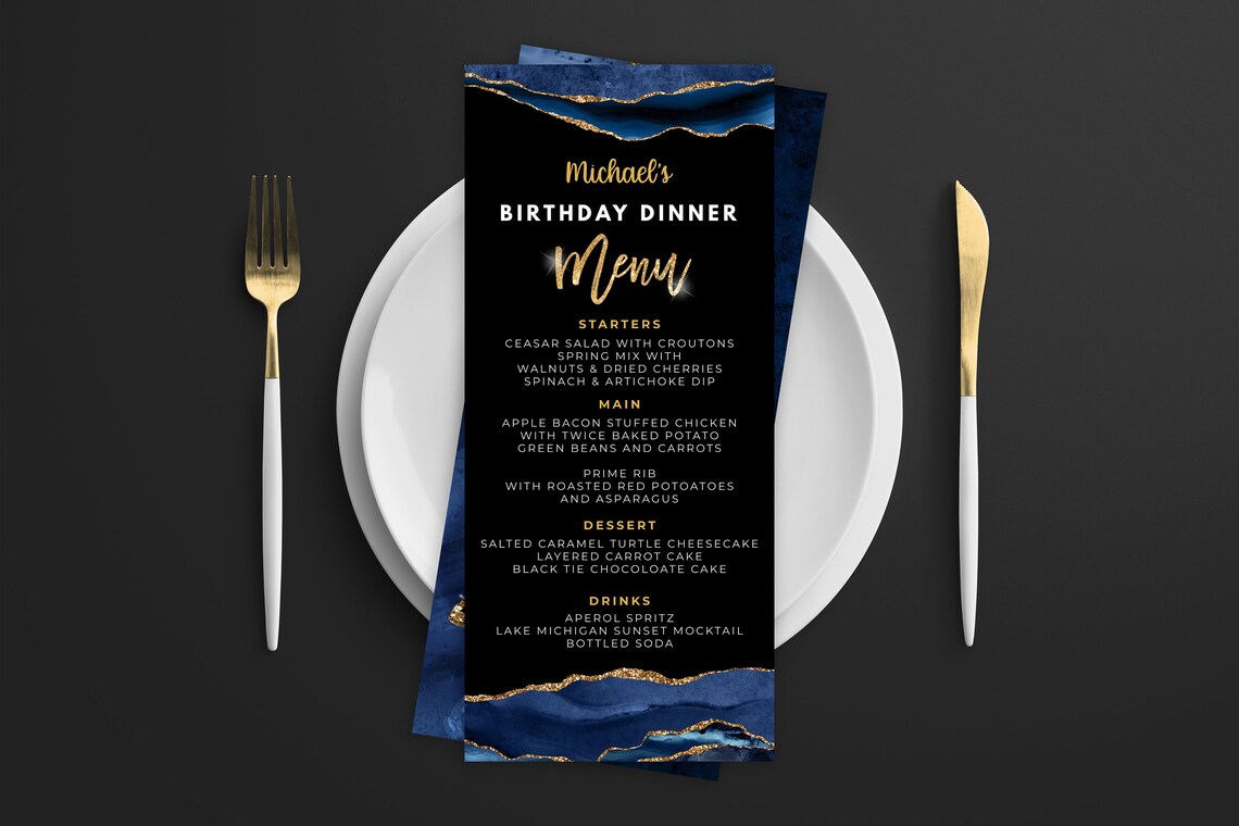 Blue and Gold Menu Card Menu Template and Drink Menu Event | Etsy