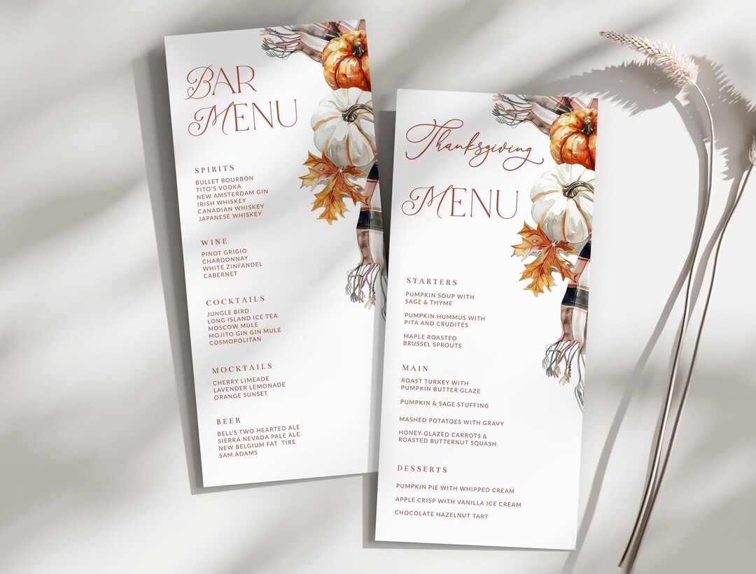 Editable Thanksgiving Menu - Dinner + Drink Bar Menu Template - Modern ...
