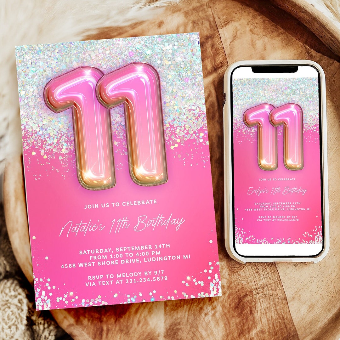 Editable Pink 11th Birthday Invitation Template - Pink Glitter Birthday ...
