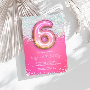 Editable Pink 6th Birthday Invitation Template Pink Glitter Birthday ...