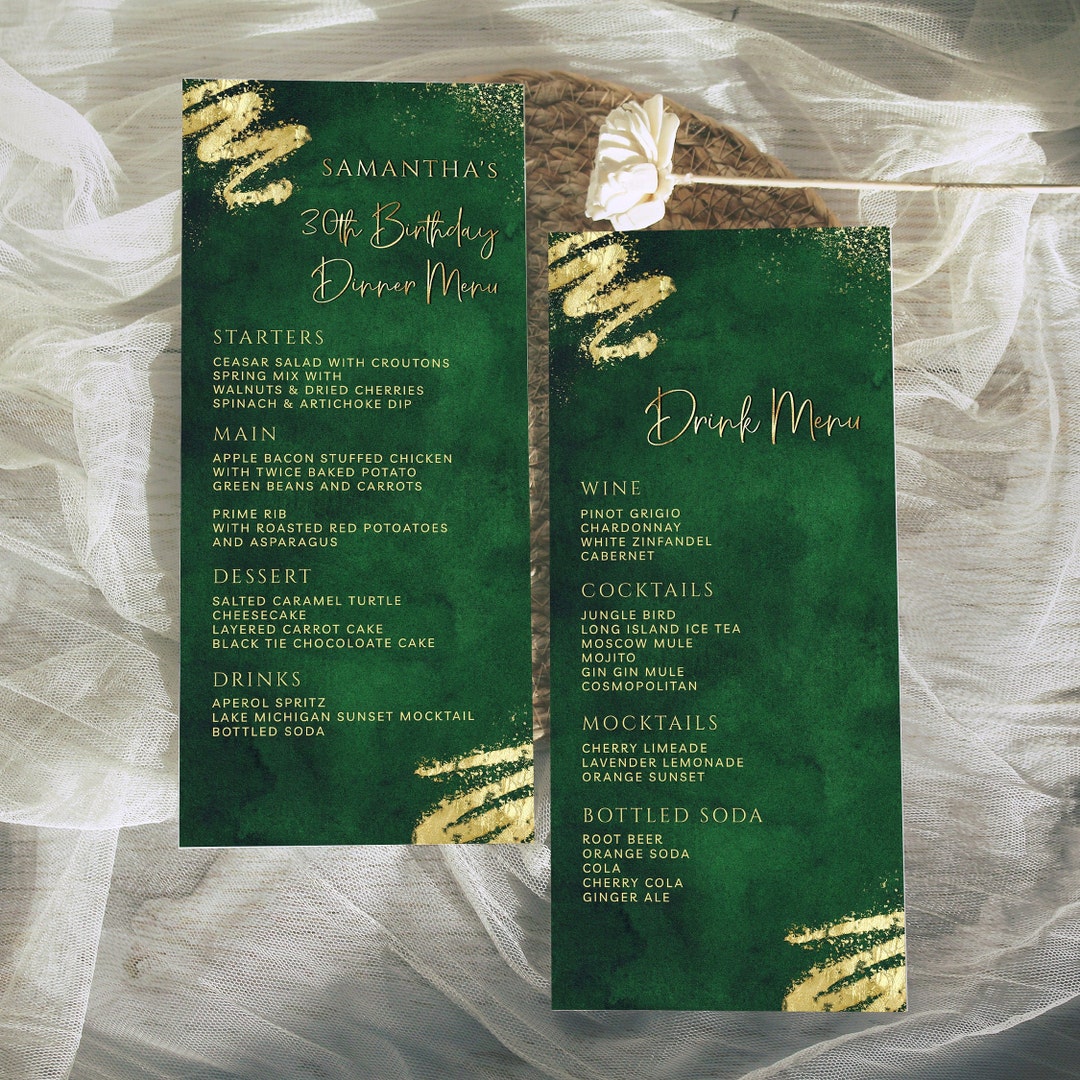 Luxury Green and Gold Menu Card + Drink Menu Template - Digital Instant ...