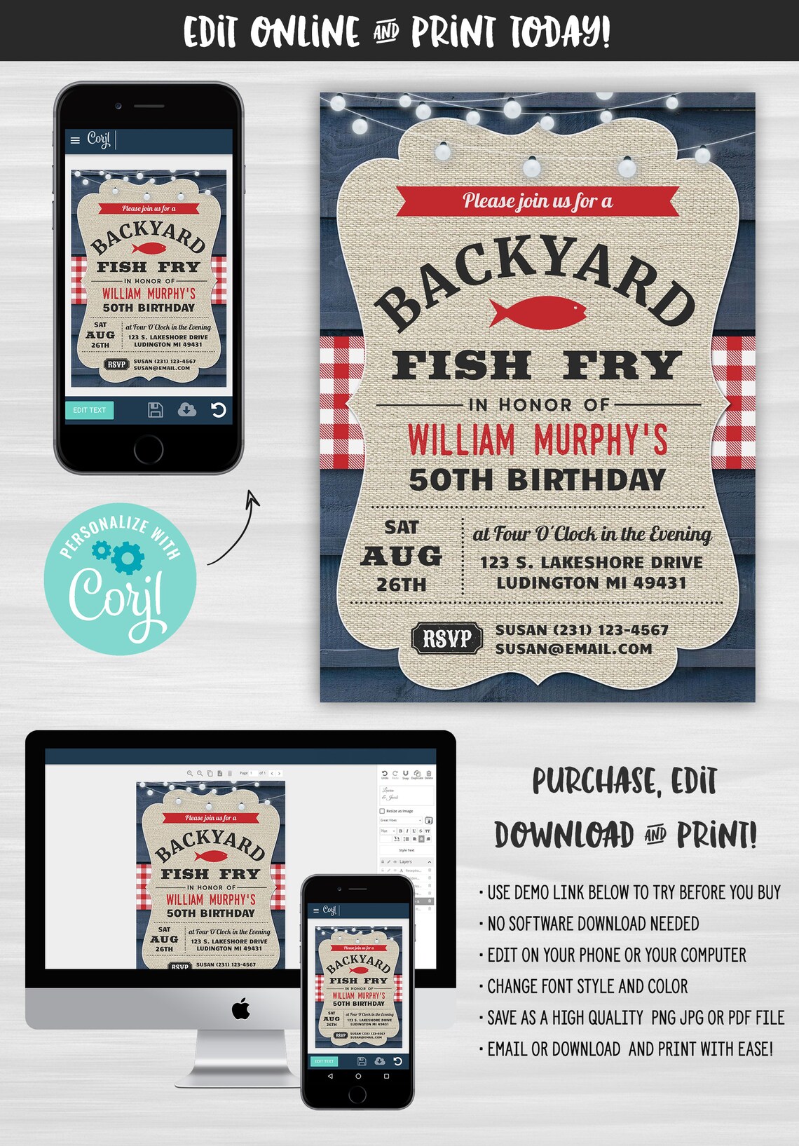 50th Back Yard Fish Fry Invitation Birthday Party Invite - Etsy
