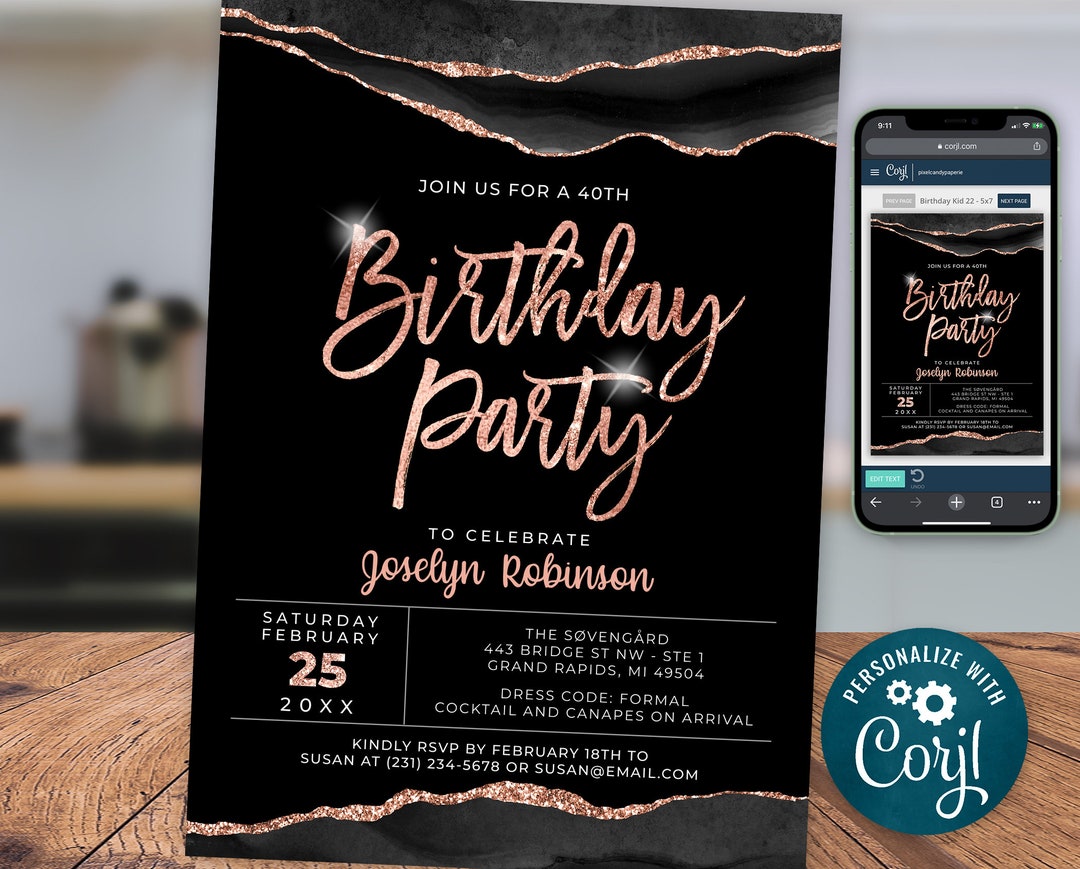 Black and Rose Gold Birthday Invitation Template - Any Age - Glitter ...