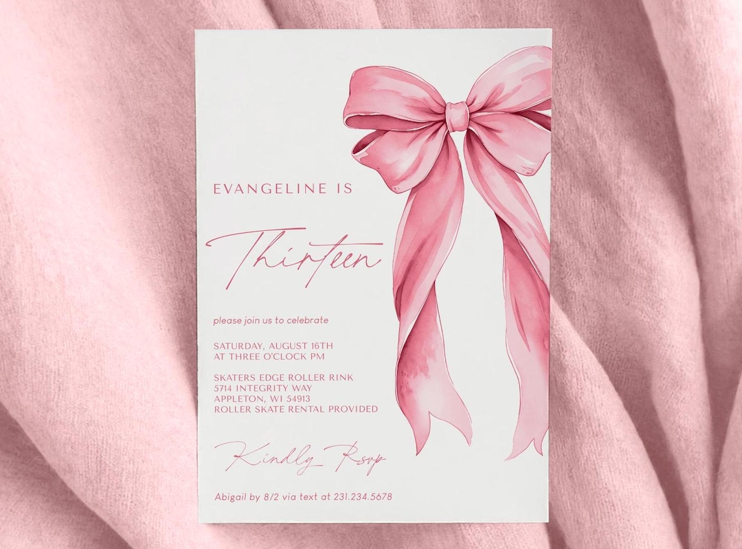 Pink Bow Birthday Invitation Template - 13th Birthday Party - Minimalist Pink Bow Invite ...