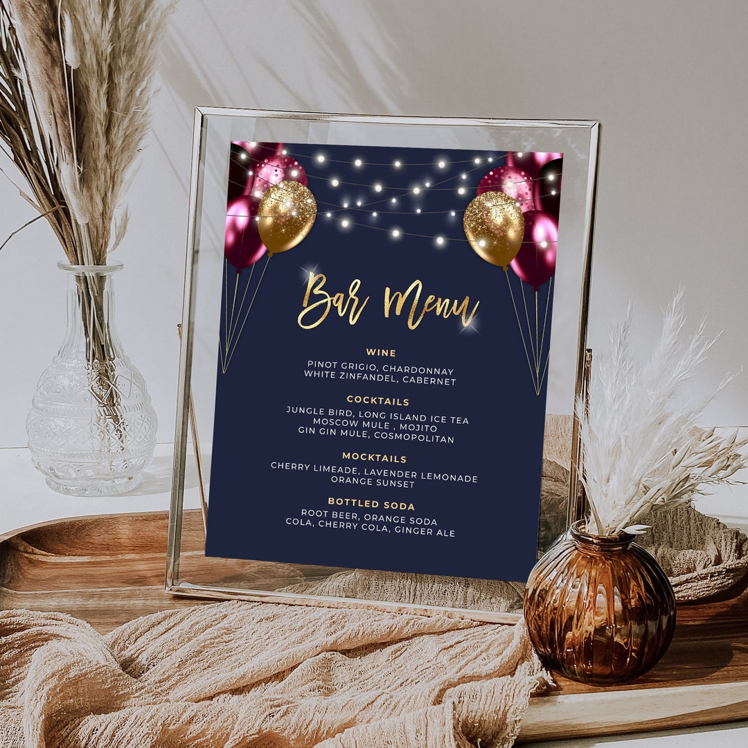 Navy Blue, Burgundy and Gold Bar Menu - Drink Menu Event Menu Template ...