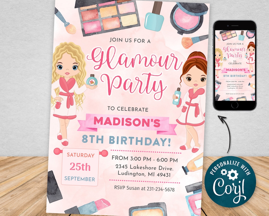 Spa Makeup Party Invitation - Girls Birthday Invitation - Glamour Glam ...