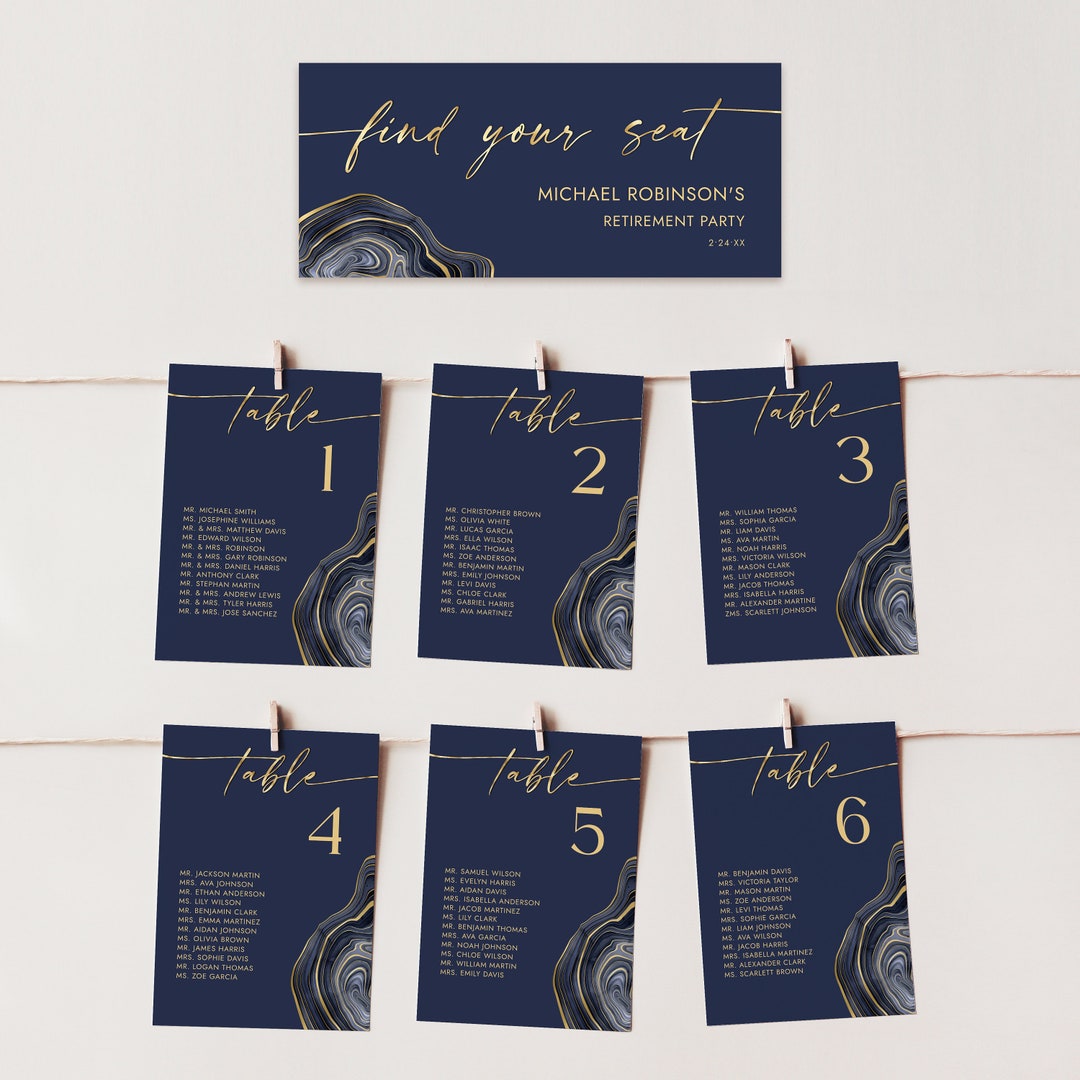 Navy Blue and Gold Seating Chart Cards + Banner - Modern Seating Plan ...