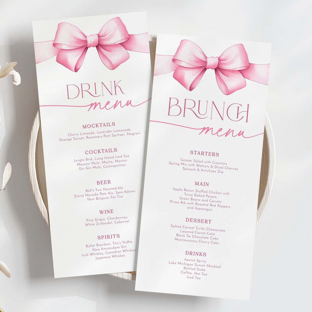 Pink Bow Menu Card Dinner and Drink Event Menu Template Editable Brunch ...