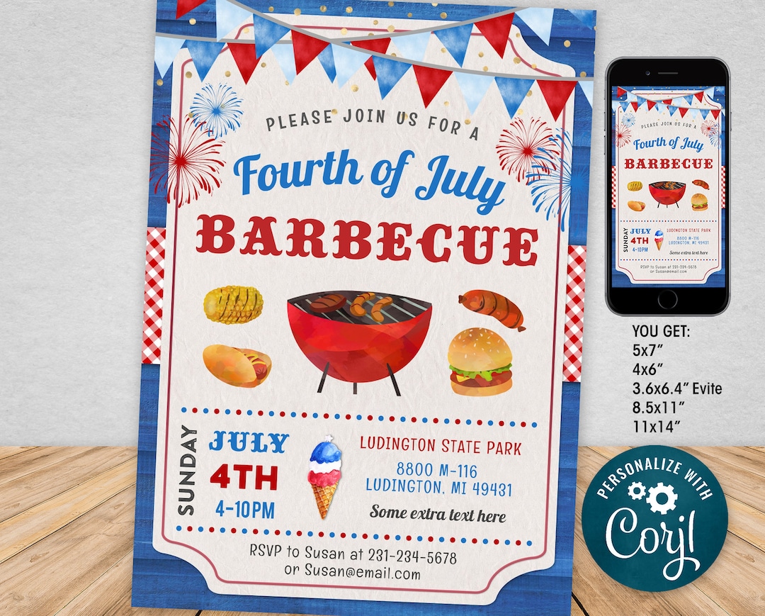 4th of July Invitation, BBQ Party Invite & Poster Flyer, Editable ...