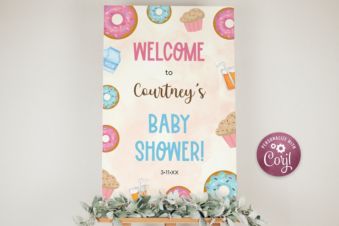 Two Sweet - Baby Shower Welcome Sign Template With Donuts, Milk ...