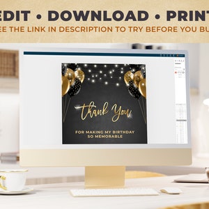 Black and Gold Editable Thank You Card + Tag Template - Digital Instant ...