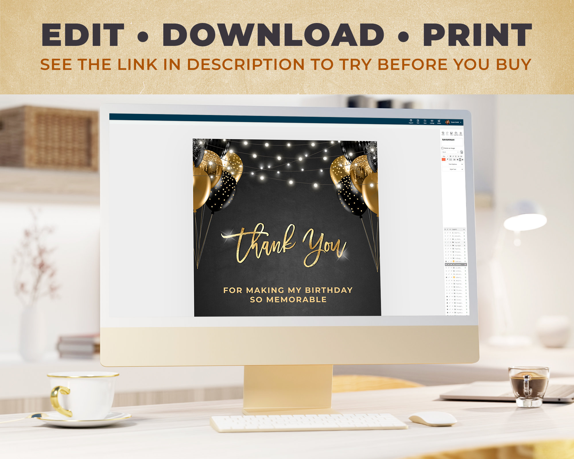 Black and Gold Editable Thank You Card + Tag Template - Digital Instant ...