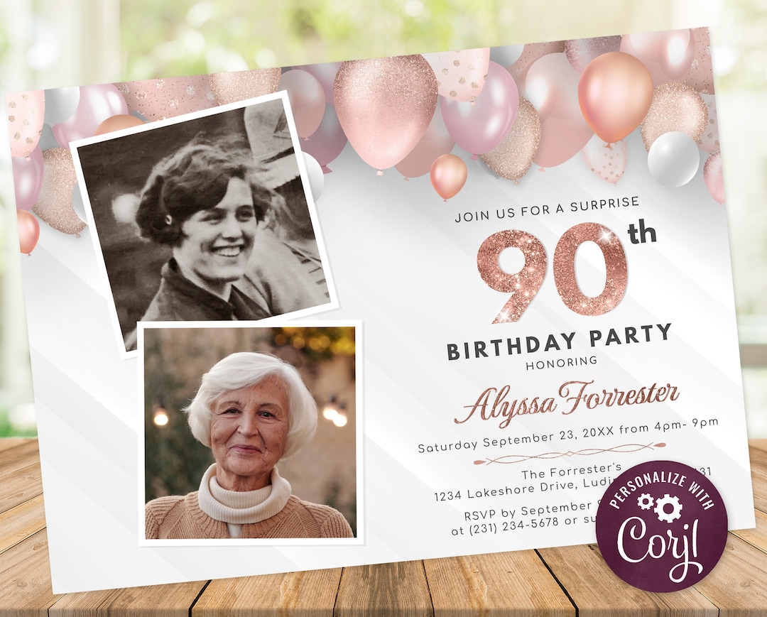 Rose Gold 90th Birthday Invitation With Photo - Two Photo Birthday ...