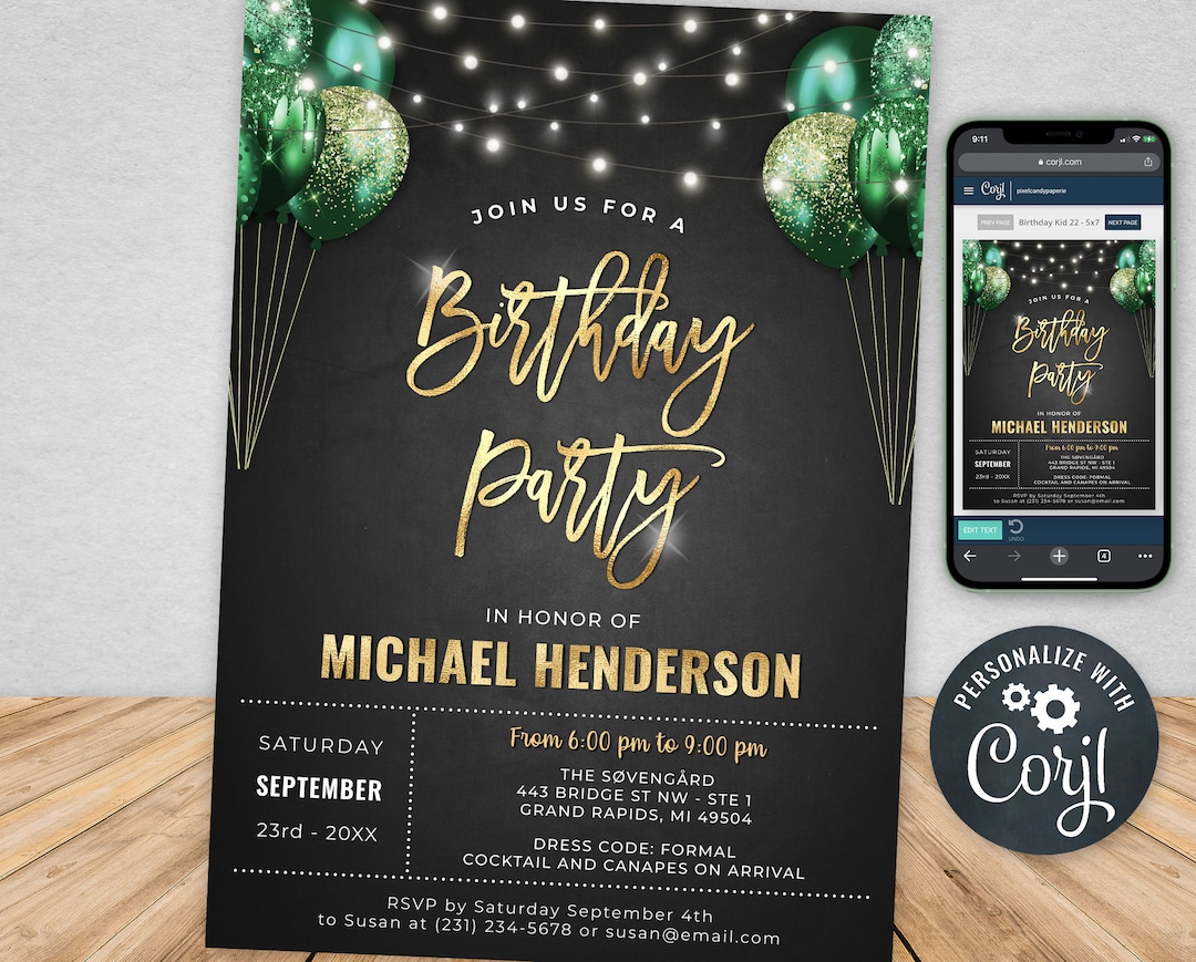 Emerald Green and Gold Birthday Invitation Editable Template - Digital ...