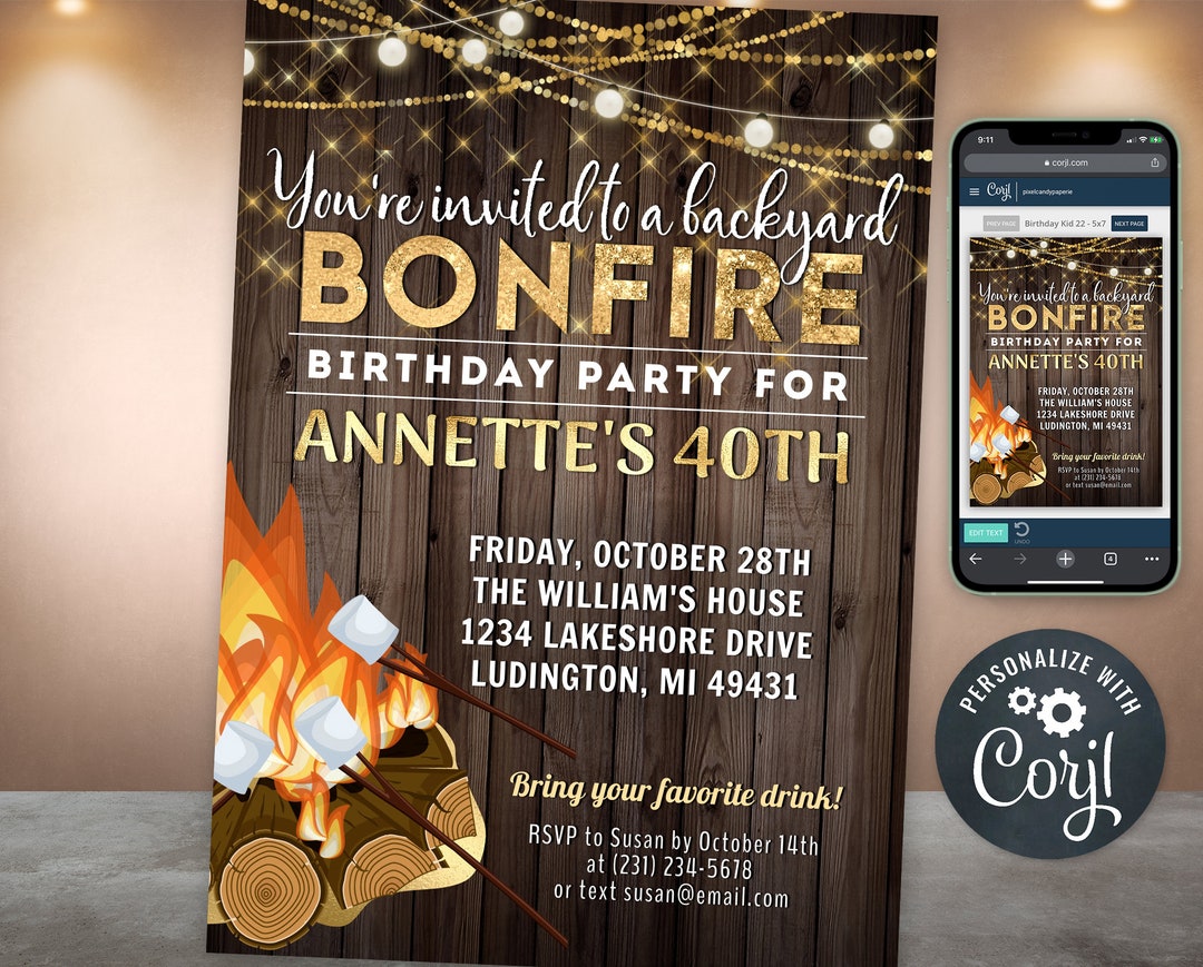 Rustic Backyard Bonfire Invitation, Campfire Birthday Party Invite ...
