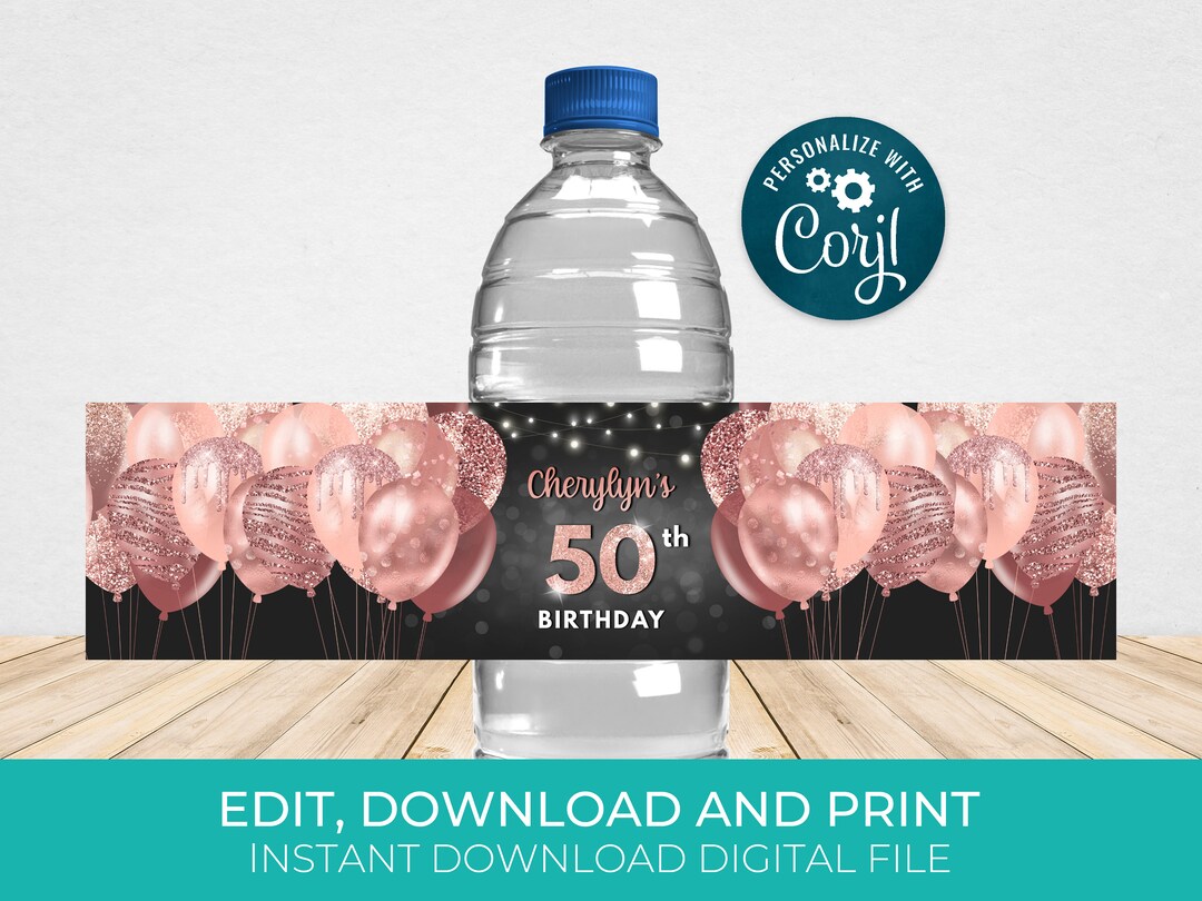 Rose Gold Water Bottle Label Template, Water Wrappers, Birthday Party ...