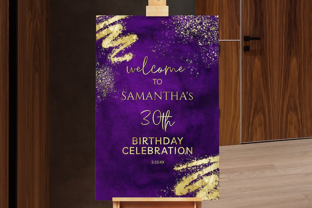 Birthday Welcome Sign Birthday Welcome Poster Purple and Gold Glitter ...