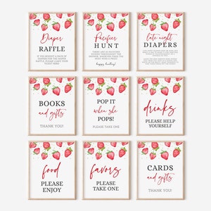 Strawberry Baby Shower Sign Bundle - Berry Sweet Baby Shower - Girl ...