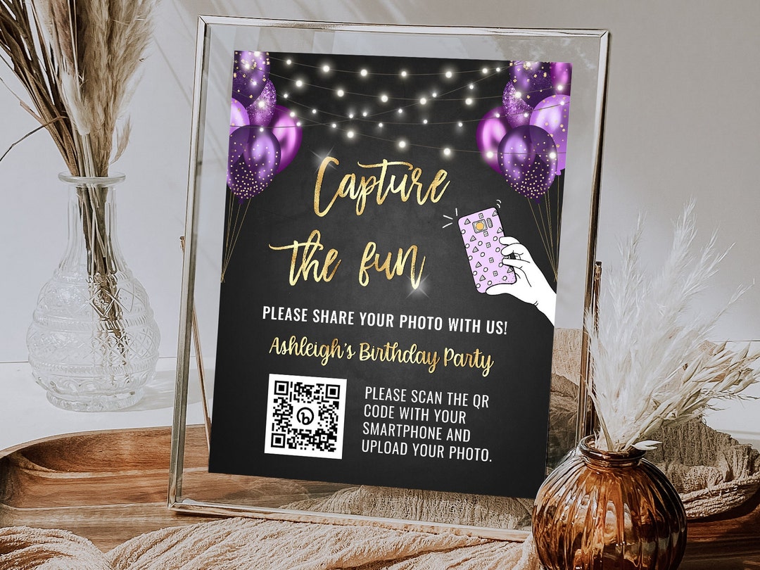 Purple and Gold Birthday QR Code Sign Template - Capture the Fun ...