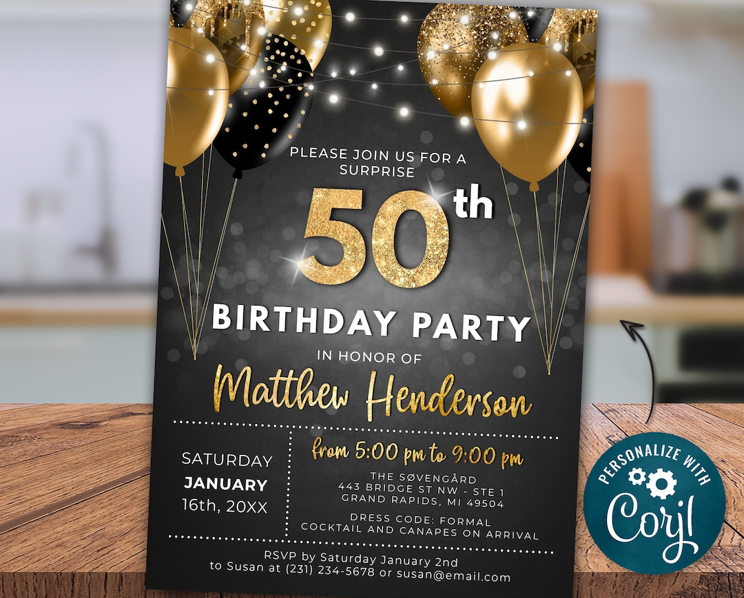 50th Birthday Invitation FIFTY Party Black Gold Glitter Sparkle ...