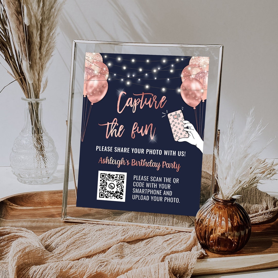 Rose Gold Navy Birthday QR Code Sign Template - Capture the Fun ...
