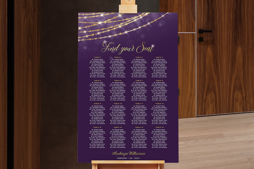 Purple and Gold Seating Chart Template Glitter Party Digital INSTANT ...