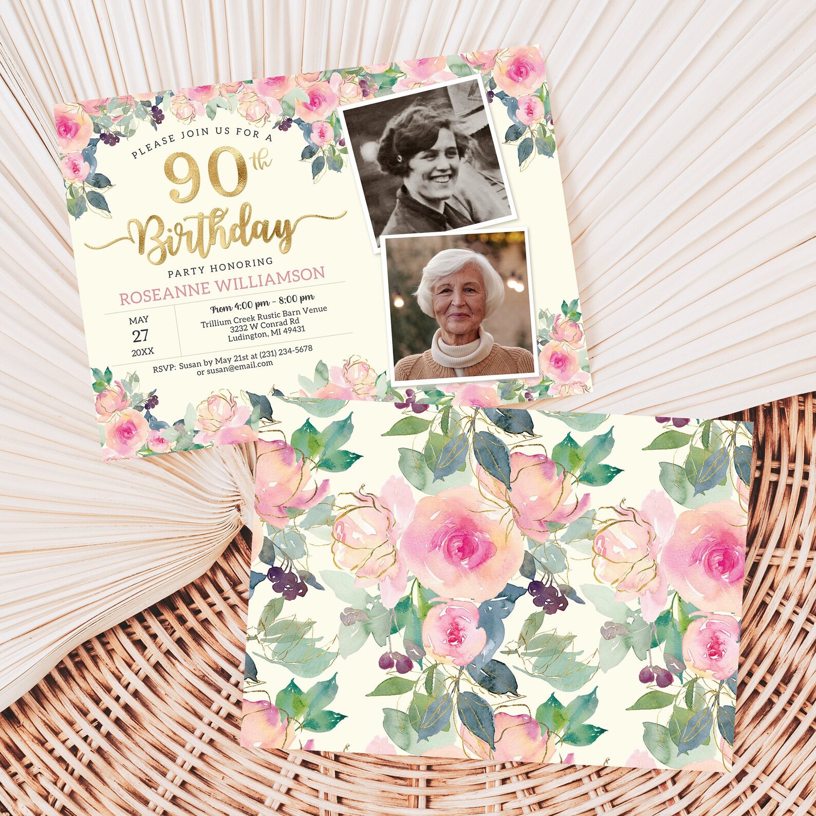 90th Birthday 2 Photo Invitation Adult NINETY Birthday Invite Gold ...