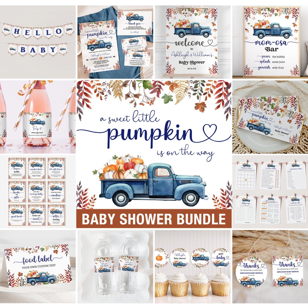 Little Pumpkin Boy Baby Shower Invitation Bundle - Blue Truck Autumn ...