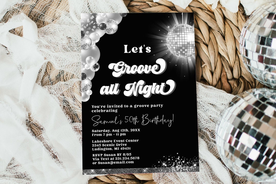 Editable Disco Party Birthday Invitation - Black and Silver Disco 70's ...