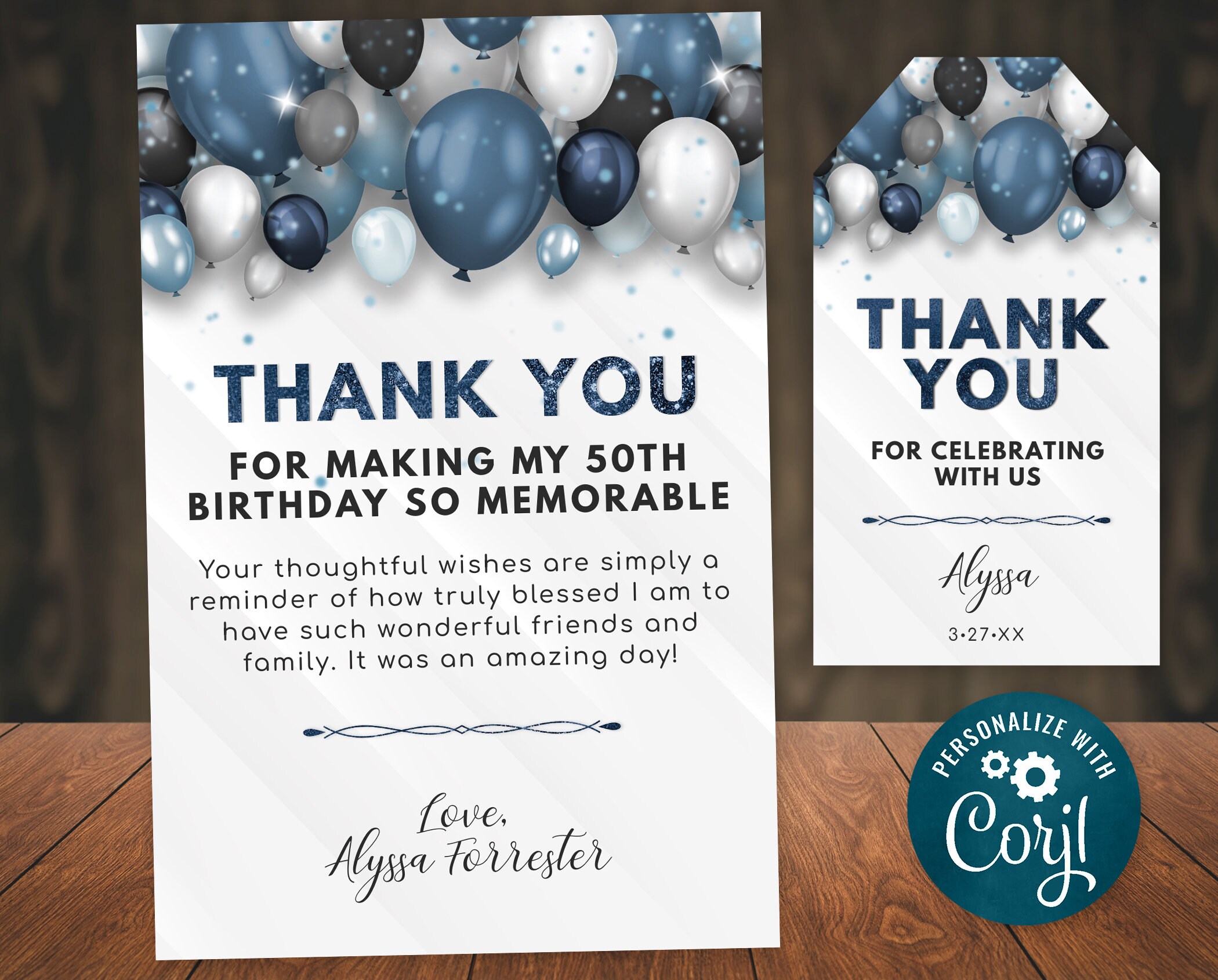 Birthday Thank You Card Editable Template Blue & White With - Etsy