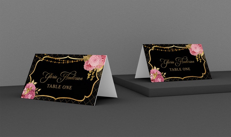 Editable Place Card Template - Tent Card Template - Black and Gold With ...
