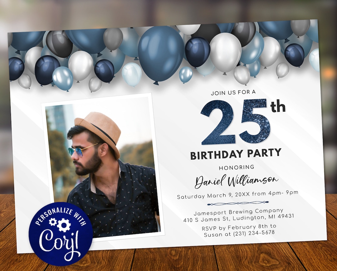 Balloons 25th Birthday One Photo Invitation Adult TWENTY FIVE Birthday ...